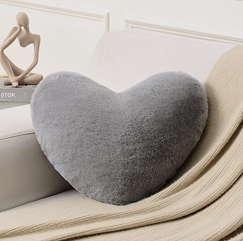 Vdoioe Heart Pillow Fluffy Grey Heart Shaped Throw Pillows Super Soft Faux Rabbit Fur Heart Throw Pillow Outdoor Indoor Decorative Pillows