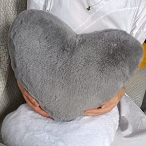 Vdoioe Heart Pillow Fluffy Grey Heart Shaped Throw Pillows Super Soft Faux Rabbit Fur Heart Throw Pillow Outdoor Indoor Decorative Pillows