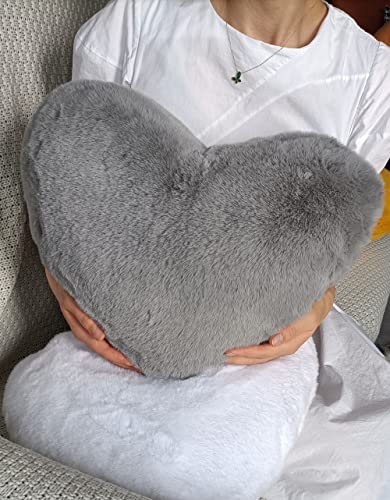 Vdoioe Heart Pillow Fluffy Grey Heart Shaped Throw Pillows Super Soft Faux Rabbit Fur Heart Throw Pillow Outdoor Indoor Decorative Pillows