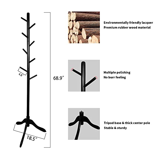 DOHANG Coat Rack, FreeStanding Sturdy Coat Tree, Wooden Hanger, Adjustable Sizes with 8 Hooks for Clothes, Hats, Umbrellas, Scarves, Purses in Hallway, Entryway, Home, Office, Black