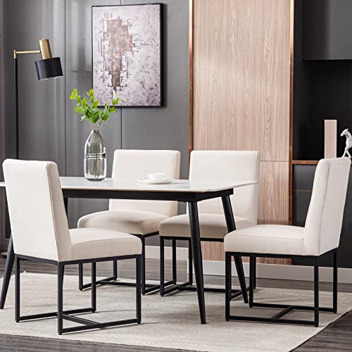 HNY Century Modern Dining Chairs Set of 4, Linen Fabric Kitchen & Dining Room Chair, Upholstered Dining Chair Side Chair with Black Finish Metal Frame, Cream 4 PC