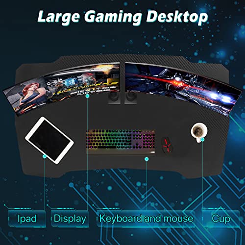 Dkelincs 47 inch Gaming Desk Z-Shaped Computer Desk PC Computer Table Home Office Desk Ergonomic Gamer Workstation with Headphone Hook, Blue