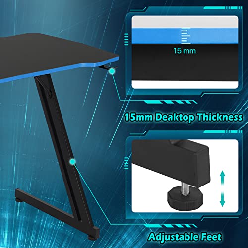 Dkelincs 47 inch Gaming Desk Z-Shaped Computer Desk PC Computer Table Home Office Desk Ergonomic Gamer Workstation with Headphone Hook, Blue