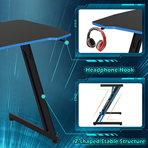 Dkelincs 47 inch Gaming Desk Z-Shaped Computer Desk PC Computer Table Home Office Desk Ergonomic Gamer Workstation with Headphone Hook, Blue