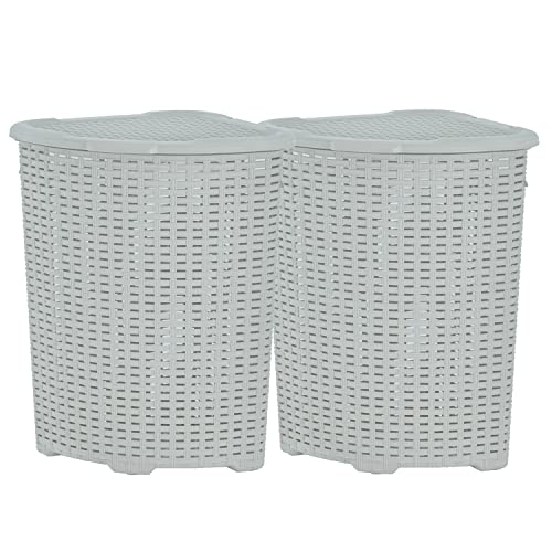 Plastic Corner Laundry Hamper with Lid, Curved Designed Laundry Basket, 2 Pack White Smoke Cloths Hamper Organizer with Cut-out Handles for Laundry Room Bedroom Bathroom, Wicker Design, 50 Liter