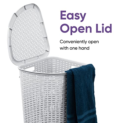 Plastic Corner Laundry Hamper with Lid, Curved Designed Laundry Basket, 2 Pack White Smoke Cloths Hamper Organizer with Cut-out Handles for Laundry Room Bedroom Bathroom, Wicker Design, 50 Liter