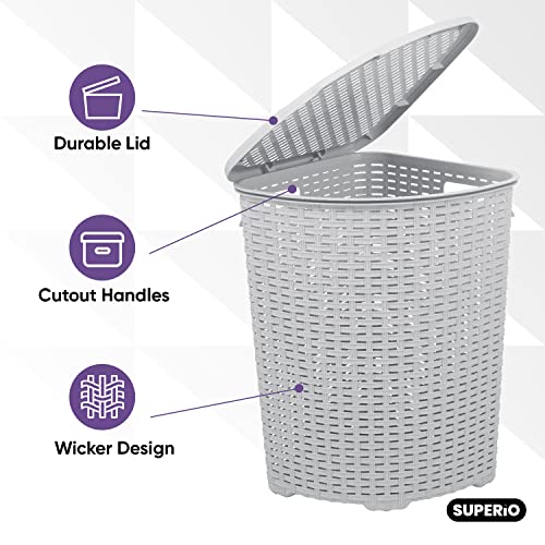 Plastic Corner Laundry Hamper with Lid, Curved Designed Laundry Basket, 2 Pack White Smoke Cloths Hamper Organizer with Cut-out Handles for Laundry Room Bedroom Bathroom, Wicker Design, 50 Liter