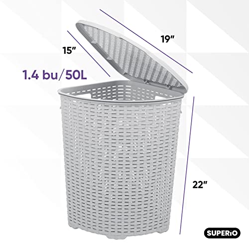 Plastic Corner Laundry Hamper with Lid, Curved Designed Laundry Basket, 2 Pack White Smoke Cloths Hamper Organizer with Cut-out Handles for Laundry Room Bedroom Bathroom, Wicker Design, 50 Liter