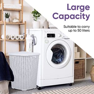 Plastic Corner Laundry Hamper with Lid, Curved Designed Laundry Basket, 2 Pack White Smoke Cloths Hamper Organizer with Cut-out Handles for Laundry Room Bedroom Bathroom, Wicker Design, 50 Liter