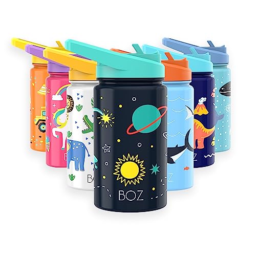 BOZ Kids Water Bottle for School with Straw Lid, Stainless Steel Insulated Water Bottle for Kids, Toddler Water Bottle, Leak Proof Water Bottle for Kids and Toddlers, 14 oz (414ml) (Space)