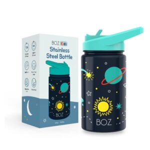 BOZ Kids Water Bottle for School with Straw Lid, Stainless Steel Insulated Water Bottle for Kids, Toddler Water Bottle, Leak Proof Water Bottle for Kids and Toddlers, 14 oz (414ml) (Space)