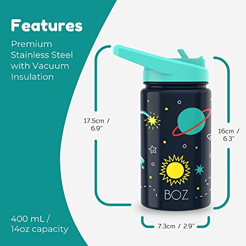 BOZ Kids Water Bottle for School with Straw Lid, Stainless Steel Insulated Water Bottle for Kids, Toddler Water Bottle, Leak Proof Water Bottle for Kids and Toddlers, 14 oz (414ml) (Space)