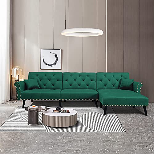 115¡±W Button Tufted Velvet Convertible Sectional Sofa Bed Sleeper with Reversible Chaise & 2 Pillows Indoor Modular Sofa (Green)