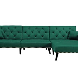 115¡±W Button Tufted Velvet Convertible Sectional Sofa Bed Sleeper with Reversible Chaise & 2 Pillows Indoor Modular Sofa (Green)