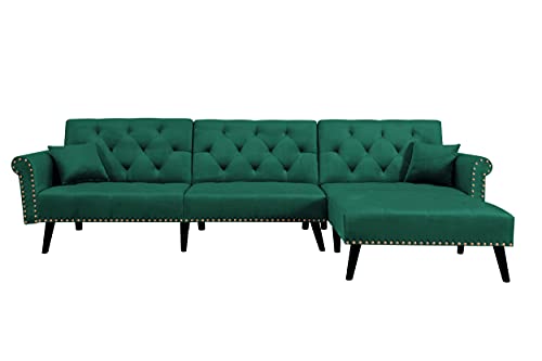 115¡±W Button Tufted Velvet Convertible Sectional Sofa Bed Sleeper with Reversible Chaise & 2 Pillows Indoor Modular Sofa (Green)