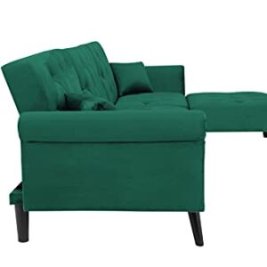 115¡±W Button Tufted Velvet Convertible Sectional Sofa Bed Sleeper with Reversible Chaise & 2 Pillows Indoor Modular Sofa (Green)