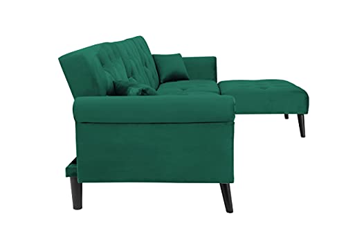 115¡±W Button Tufted Velvet Convertible Sectional Sofa Bed Sleeper with Reversible Chaise & 2 Pillows Indoor Modular Sofa (Green)