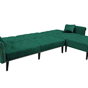 115¡±W Button Tufted Velvet Convertible Sectional Sofa Bed Sleeper with Reversible Chaise & 2 Pillows Indoor Modular Sofa (Green)