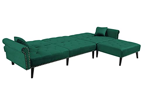 115¡±W Button Tufted Velvet Convertible Sectional Sofa Bed Sleeper with Reversible Chaise & 2 Pillows Indoor Modular Sofa (Green)