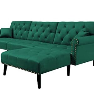 115¡±W Button Tufted Velvet Convertible Sectional Sofa Bed Sleeper with Reversible Chaise & 2 Pillows Indoor Modular Sofa (Green)