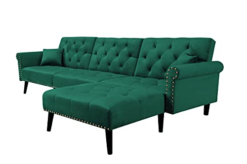 115¡±W Button Tufted Velvet Convertible Sectional Sofa Bed Sleeper with Reversible Chaise & 2 Pillows Indoor Modular Sofa (Green)