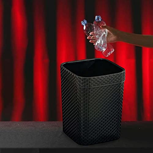 Trash Basket Narrow Rattan Woven Plastic Square Waste Can Wastebasket Dustbin for Bedroom Office Home Toilet Outdoor Indoor, Black