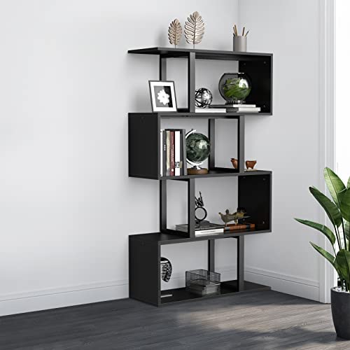 YITAHOME 5 Tiers Bookshelf, Modern S-Shaped Z-Shelf Style Bookshelves, Multifunctional Geometric Bookcase Storage Display Shelf for Living Room Bedroom Home Office, Black