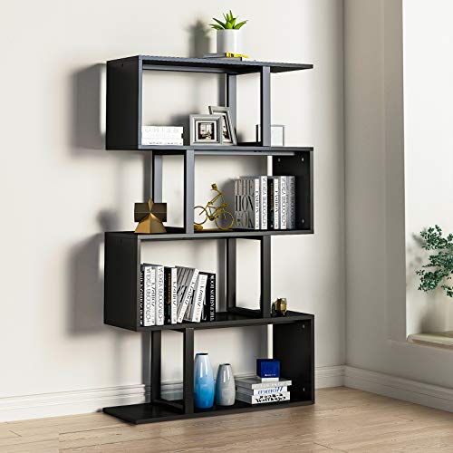 YITAHOME 5 Tiers Bookshelf, Modern S-Shaped Z-Shelf Style Bookshelves, Multifunctional Geometric Bookcase Storage Display Shelf for Living Room Bedroom Home Office, Black