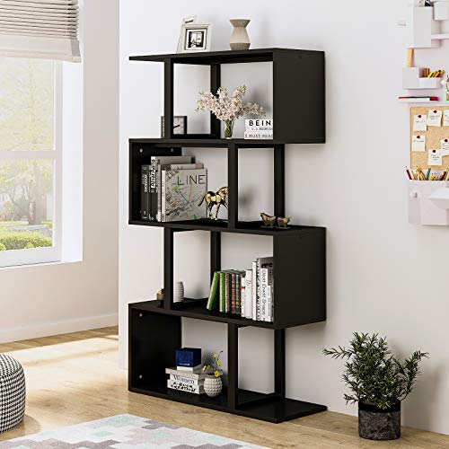 YITAHOME 5 Tiers Bookshelf, Modern S-Shaped Z-Shelf Style Bookshelves, Multifunctional Geometric Bookcase Storage Display Shelf for Living Room Bedroom Home Office, Black