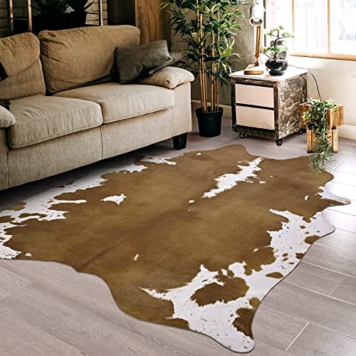 Merelax Premium Cow Print Living Room Rugs 5.2x6.2 Feet, Large Faux Cow Hide Rug for Bedroom Home Office Western Decor, Durable Cowhide Animal Print Floor Carpet, Brown