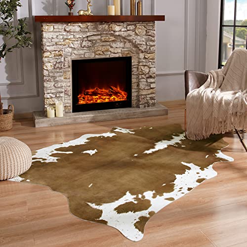 Merelax Premium Faux Cowhide Rugs for Living Room 4.6x5.2 Feet，Large Cow Print Rug for Bedroom Home Office Western Decor, Durable Cow Hide Animal Print Floor Carpet，Brown