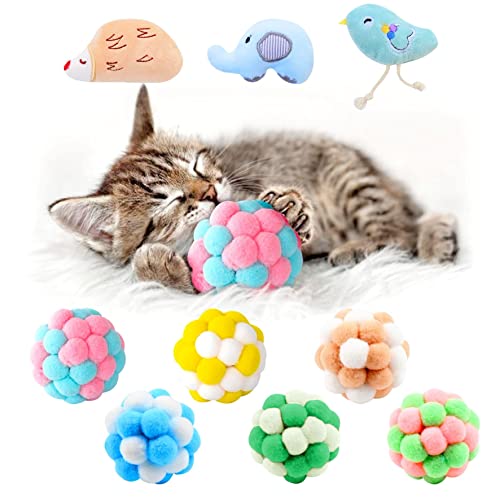 Paw Paw Babe Cat Balls & Catnip Toys Set - Cartoon Fuzzy Balls, Soft & Lightweight - Kittens Chewing, Kicker Toys - Cat Toys for Indoor Cats - Kitten & Cat Accessories - Pack of 9