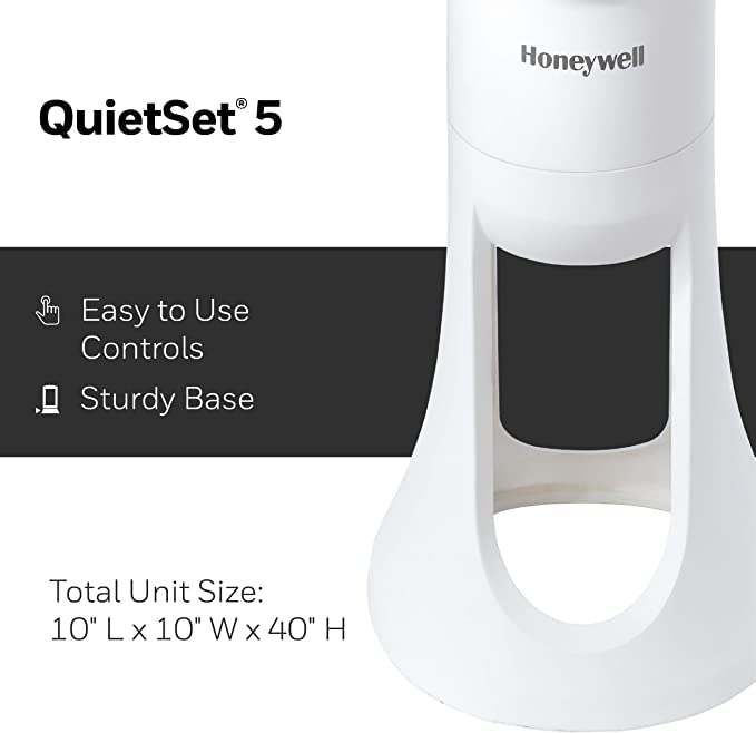 Honeywell QuietSet Oscillating Electric Tower Stand Fan 40”, Powerful and Quiet 5-Speeds with Remote Control, White - HYF260W (Renewed)