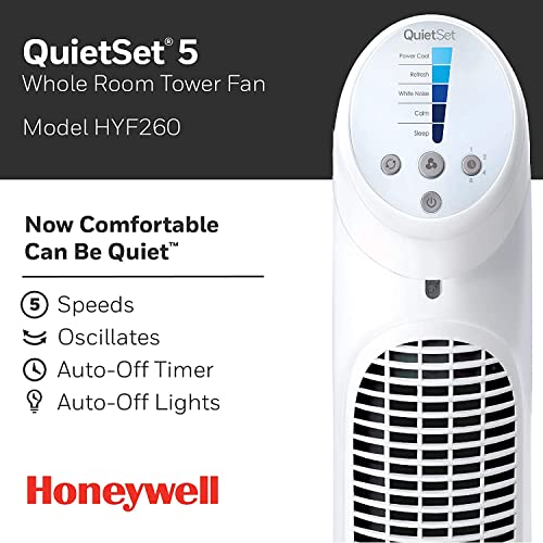 Honeywell QuietSet Oscillating Electric Tower Stand Fan 40”, Powerful and Quiet 5-Speeds with Remote Control, White - HYF260W (Renewed)