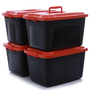 citylife 17 qt plastic storage bins with latching lids stackable containers for organizing garage heavy duty storage box with handle large tote, black/orange, 4 packs