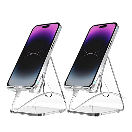 JINSHVEG 2 Pack Acrylic Cell Phone Stand, Phone Holder for Desk, Portable Clear Phone Stand,Office Desktop Accessories, Compatible with 4-10'' Phone 13 Pro Max, Android Smartphone