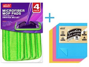 homexcel microfiber mops reusable floor mop pads 12-inch swiffer wet jet refills 4 pack,bundle with 12 pack swedish sponge dish cloth reusable abosorbent hand towels sponge cloth