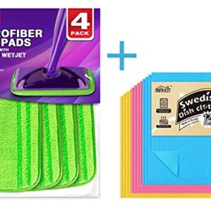 HOMEXCEL Microfiber Mops Reusable Floor Mop Pads 12-inch Swiffer Wet Jet Refills 4 Pack,Bundle with 12 Pack Swedish Sponge Dish Cloth Reusable Abosorbent Hand Towels Sponge Cloth