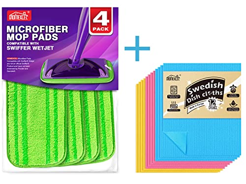 HOMEXCEL Microfiber Mops Reusable Floor Mop Pads 12-inch Swiffer Wet Jet Refills 4 Pack,Bundle with 12 Pack Swedish Sponge Dish Cloth Reusable Abosorbent Hand Towels Sponge Cloth