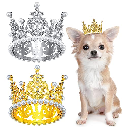 PET SHOW 2pcs Medium Dog Crown Headband Puppies Cat Hat for Birthday Party Silver Gold Rhinestone Faux Pearl Crown for Boy Girl Wedding Hair Accessories Photo Prop Costume