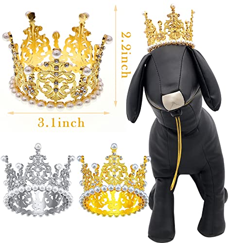 PET SHOW 2pcs Medium Dog Crown Headband Puppies Cat Hat for Birthday Party Silver Gold Rhinestone Faux Pearl Crown for Boy Girl Wedding Hair Accessories Photo Prop Costume