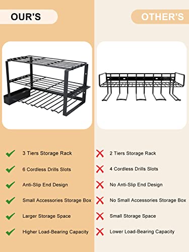 Power Tool Organizer, 3 Layers Power Tool Holder Drill Holder Wall Mount, 130lbs Weight Limit Cordless Drill Storage, Heavy Duty Metal Floating Tool Shelf Power Tool Storage with 6 Drill Rack