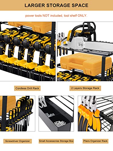 Power Tool Organizer, 3 Layers Power Tool Holder Drill Holder Wall Mount, 130lbs Weight Limit Cordless Drill Storage, Heavy Duty Metal Floating Tool Shelf Power Tool Storage with 6 Drill Rack