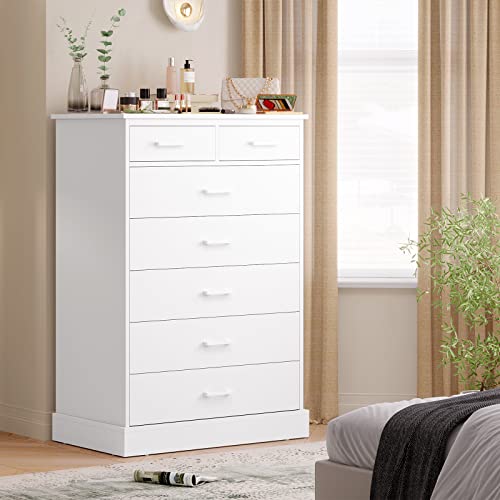 Hasuit White Dresser for Bedroom, Tall 7 Drawer Dresser with Sturdy Base, Wood Storage Tower Clothes Organizer, Large Storage Cabinet, Chest of 7 Drawers for Closet, Living Room, Hallway