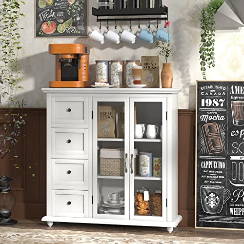 COSTWAY Sideboard and Buffets with Storage, Kitchen Storage Cabinets Pantry with 4-Drawer, 2 Tempered Glass Doors, Console Table, Coffee Bar Cabinet for Dining Room Kitchen Entryway Living Room, White