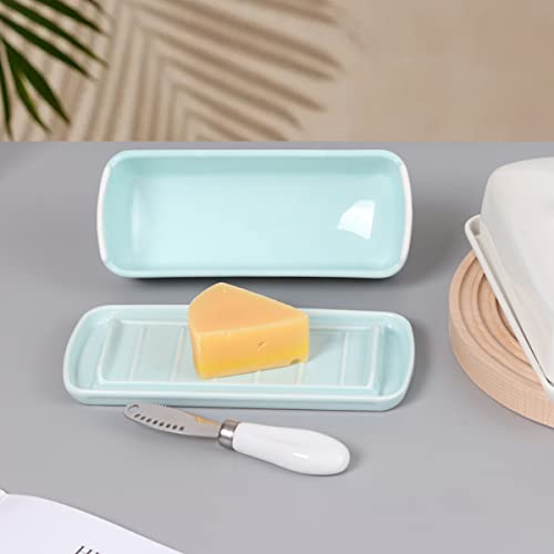 Sheskind Elegant Ceramic Butter Dish with Lid, A Practical Covered Butter Keeper, One Multi-function Butter Knife Included in the Package (light blue)