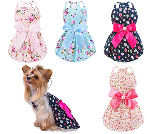 MSNFOASM 4pcs-New Spring Summer Puppy Dog Dress,Cute Colored Sun Flower Dog Bow Skirt for Small Girl Dogs(Floral,M)