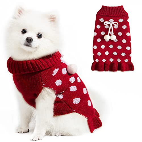 EMUST Dog Sweaters for Medium Dogs, Turtleneck Sweater for Dogs, Knitwear Girl Dogs Sweater Polka Dot Pet Clothes in Cold Season, Red, M