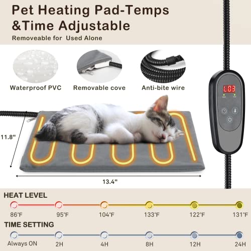 Cat House with Pet Heating Pads, Safe Indoor Outdoor Heated Kitty Shelter Winter Heat Mat w/ Electric Temperature Time Control, Easy Set Up