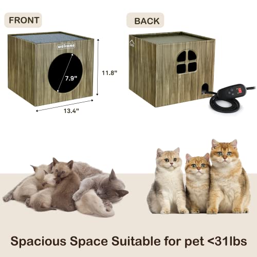 Cat House with Pet Heating Pads, Safe Indoor Outdoor Heated Kitty Shelter Winter Heat Mat w/ Electric Temperature Time Control, Easy Set Up